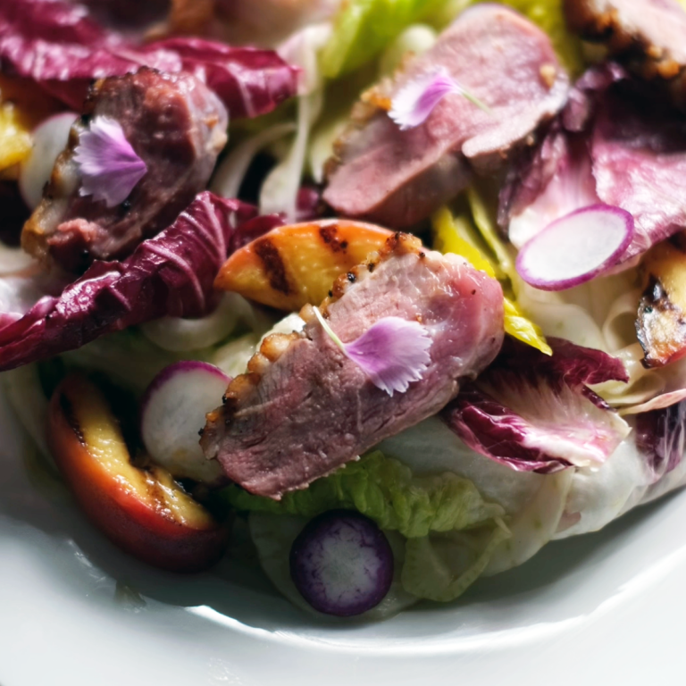 Crispy Duck Breast Salad with Peaches and Charred Lemon Hot Honey Recipe | Luv-a-Duck ...