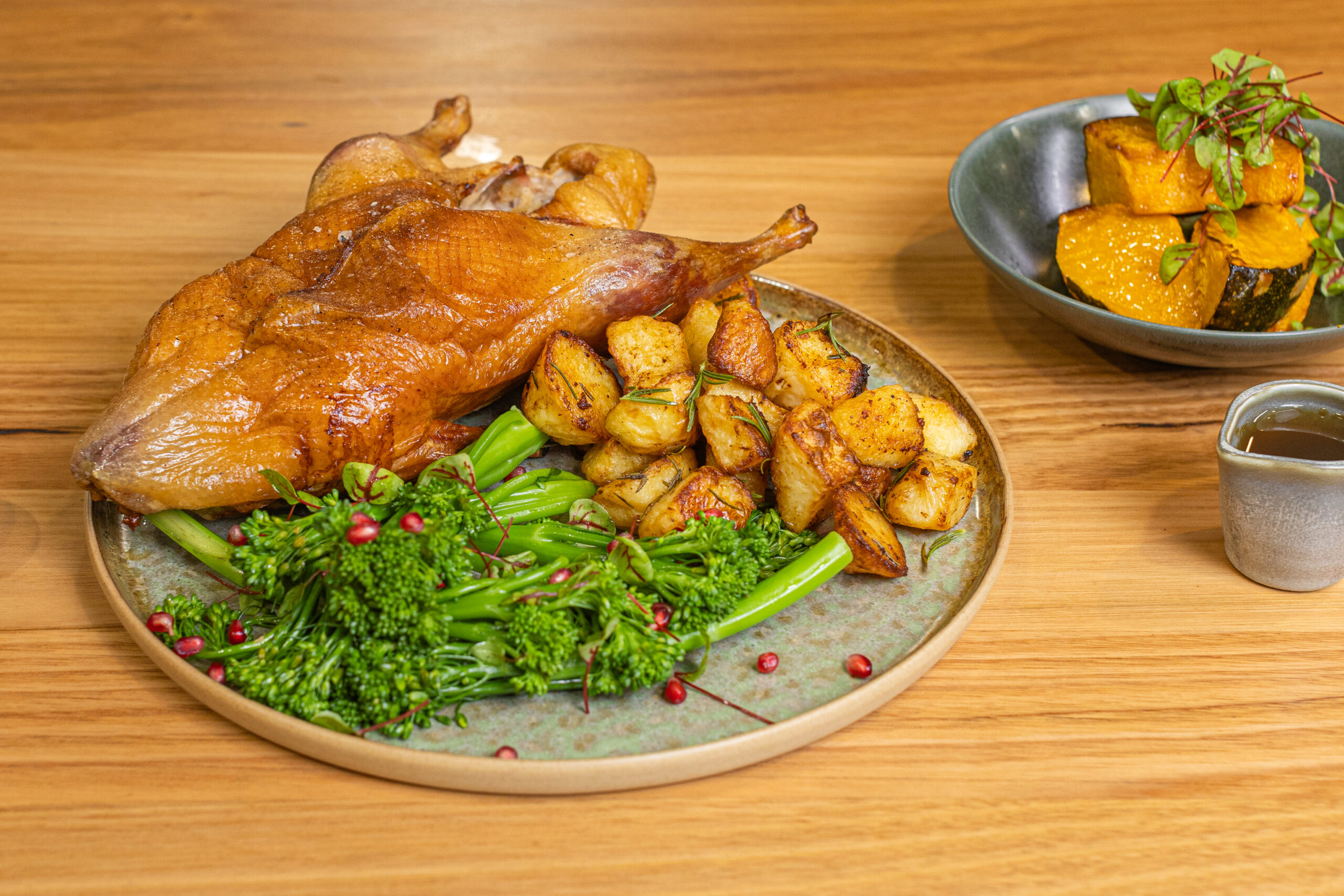 Roasted Duck with Broccolini and Pomegranate Salad Recipe | Luv-a-Duck ...